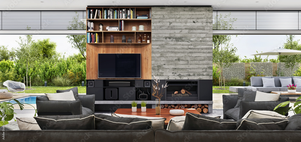Interior design of a living room in a modern house with an open terrace ...