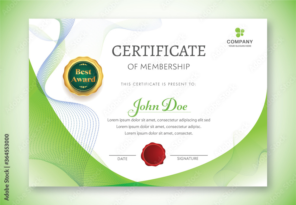 Membership Certificate Layout in Green Color and Golden Badge with ...