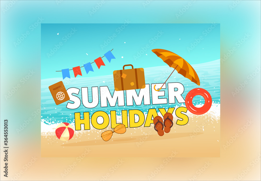 Summer Holiday Concept with Travel Elements on Beach Background Stock ...