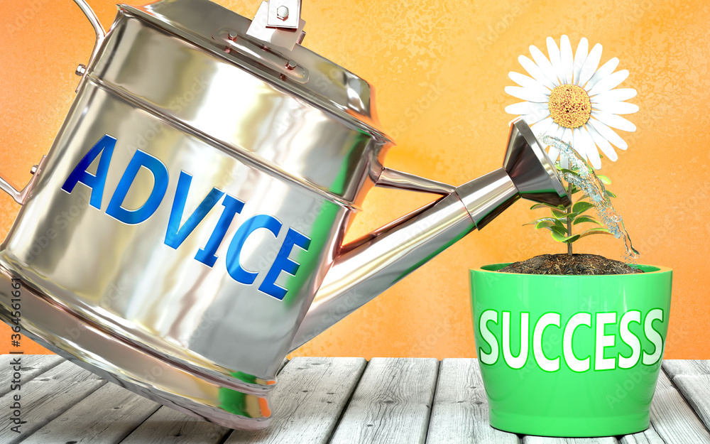 Advice helps achieving success - pictured as word Advice on a watering ...