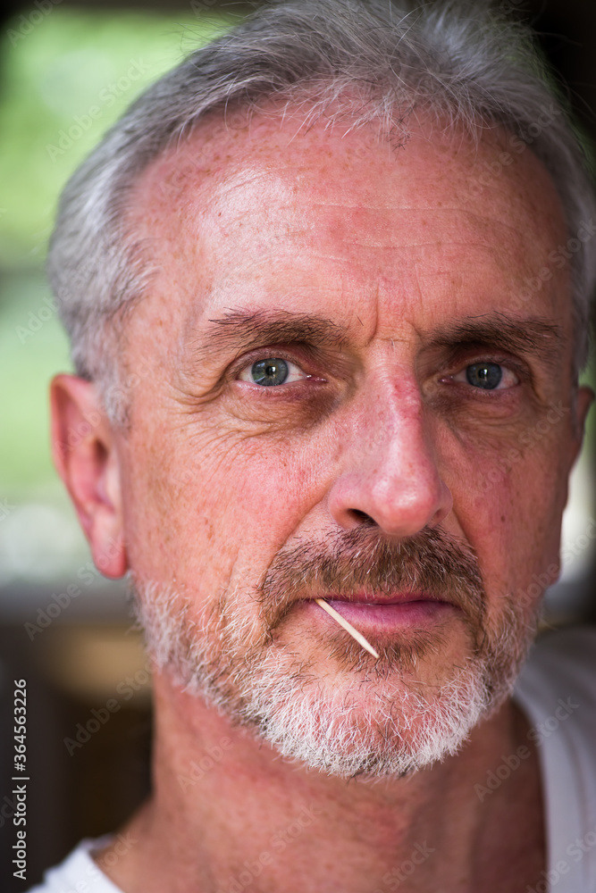 Mature male man gray hair beard goatee mustache with toothpick in mouth ...