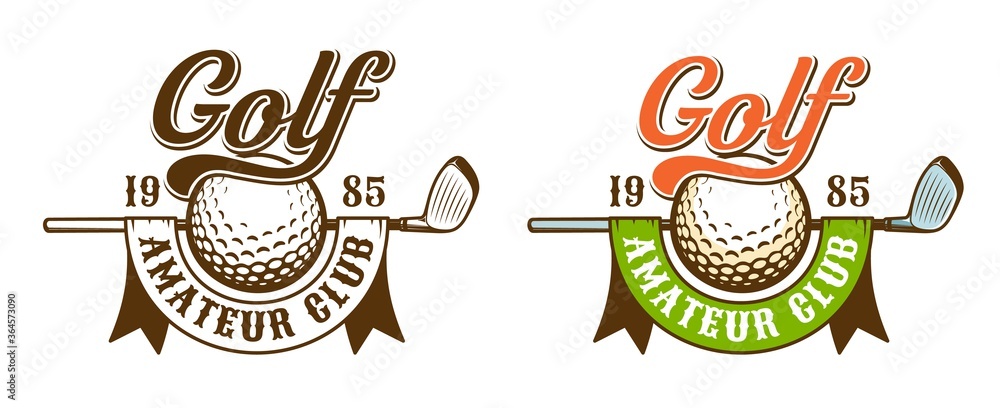 Golf retro sport logo. Golf ball and club with ribbon - vintage emblem ...