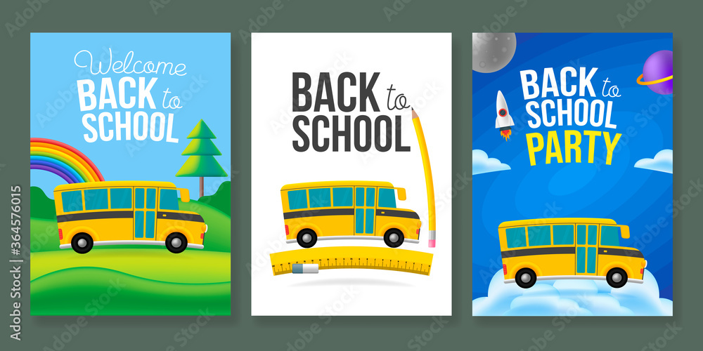 Cute cartoon school bus poster template set. Back to school text sign ...