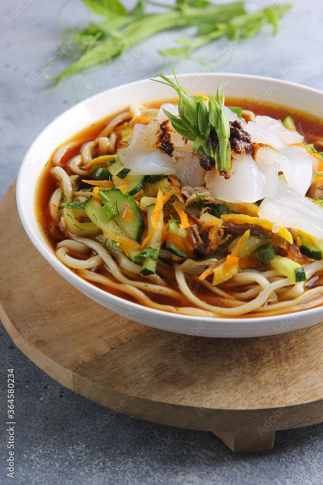 Eastern oriental cuisine, Asian cuisine. Cold soup ashlam fu. Soup with ...