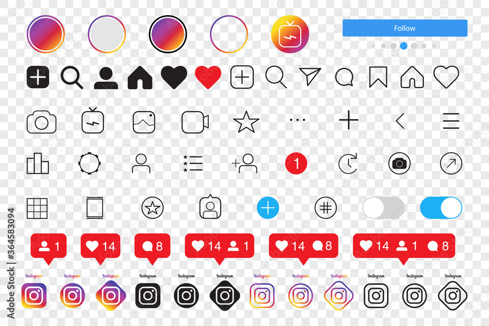 Set of social media icons inspired by Instagram: like, follower ...