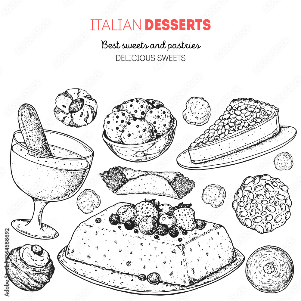 Italian dessert vector illustration. Italian food hand drawn sketch ...
