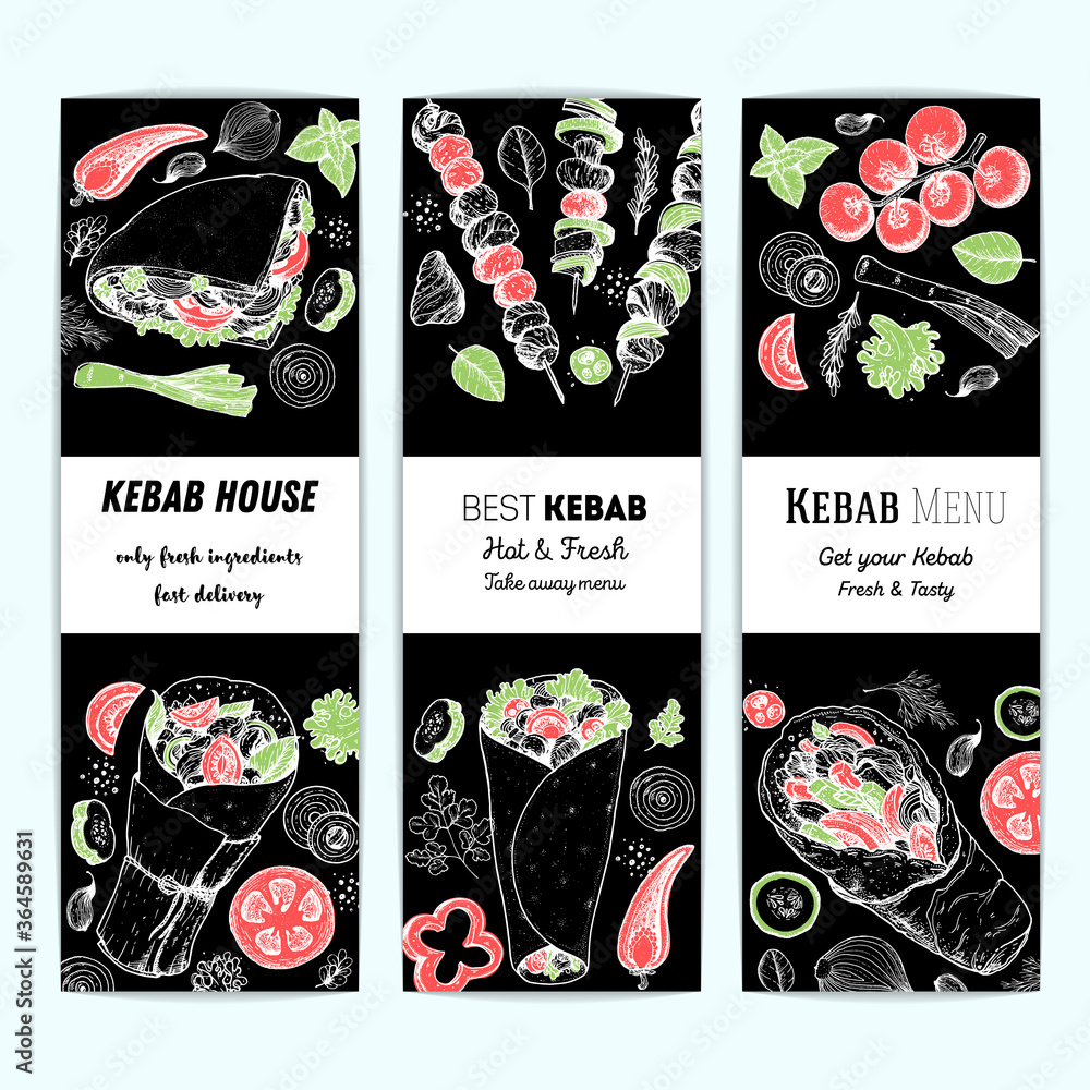 Doner kebab cooking and ingredients for kebab, sketch illustration ...