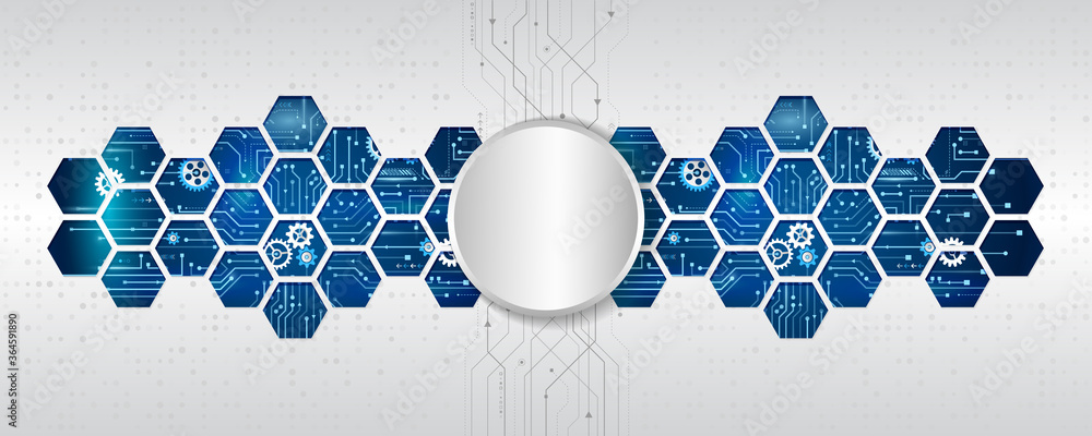 Abstract wide technology background with hexagons and gear wheels. Hi ...