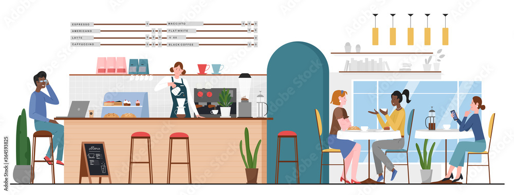 People in bar cafe vector illustration. Cartoon flat man woman friend ...