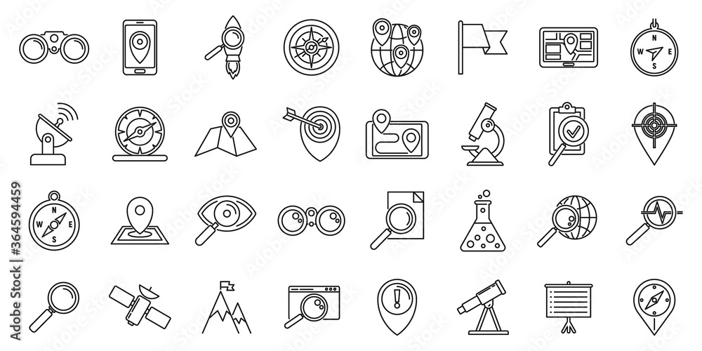 Research icons set. Outline set of research vector icons for web design ...