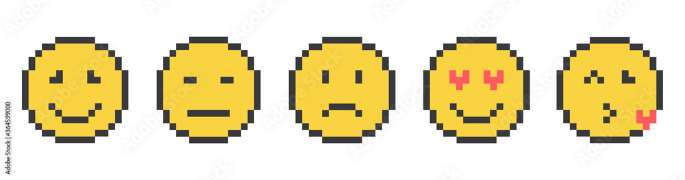 Cute pixel emoticons. Set of Emoji. Smile icons. Pixel art vector ...
