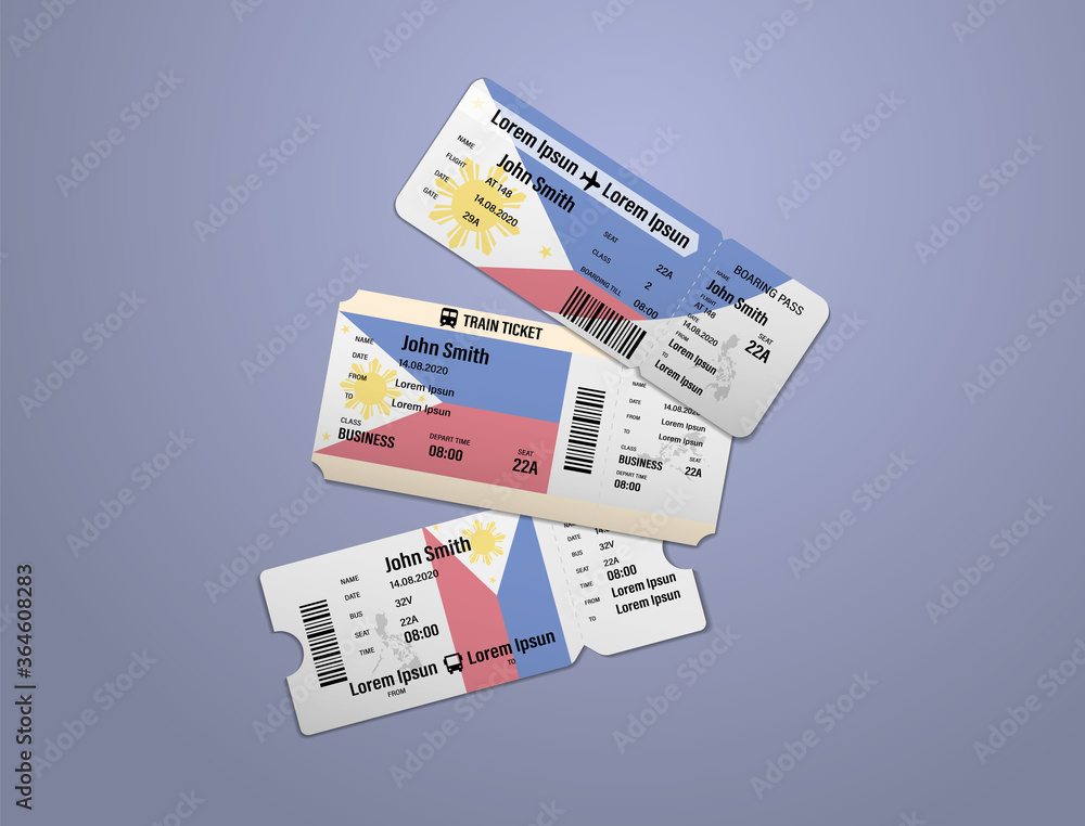Modern design of Philippines airline, bus and train travel boarding ...