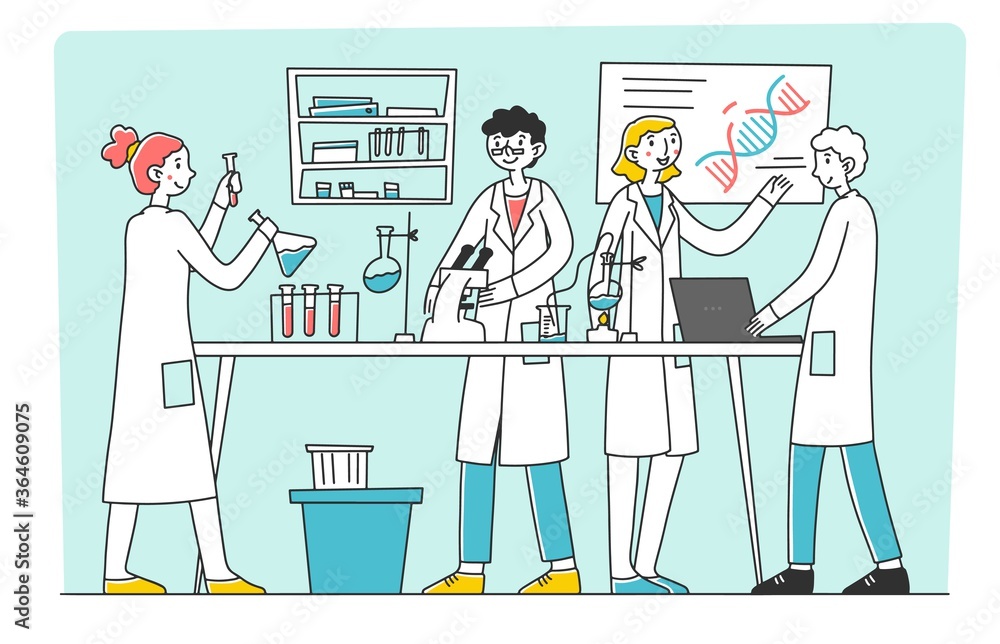 Lab scientist conducting research work flat illustration. Medical ...