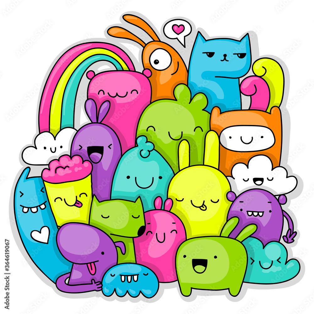 Doodle Characters Cute Monsters Colored
