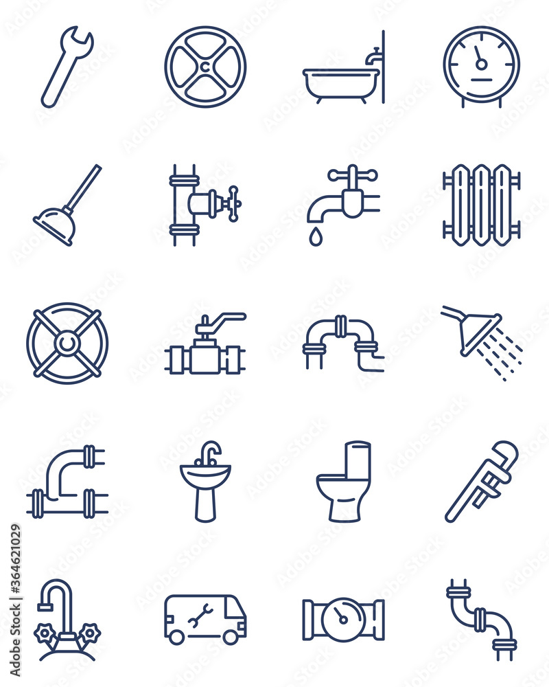 Plumbing line icons set. Bath pipes, shower, water, toilet drain, valve ...