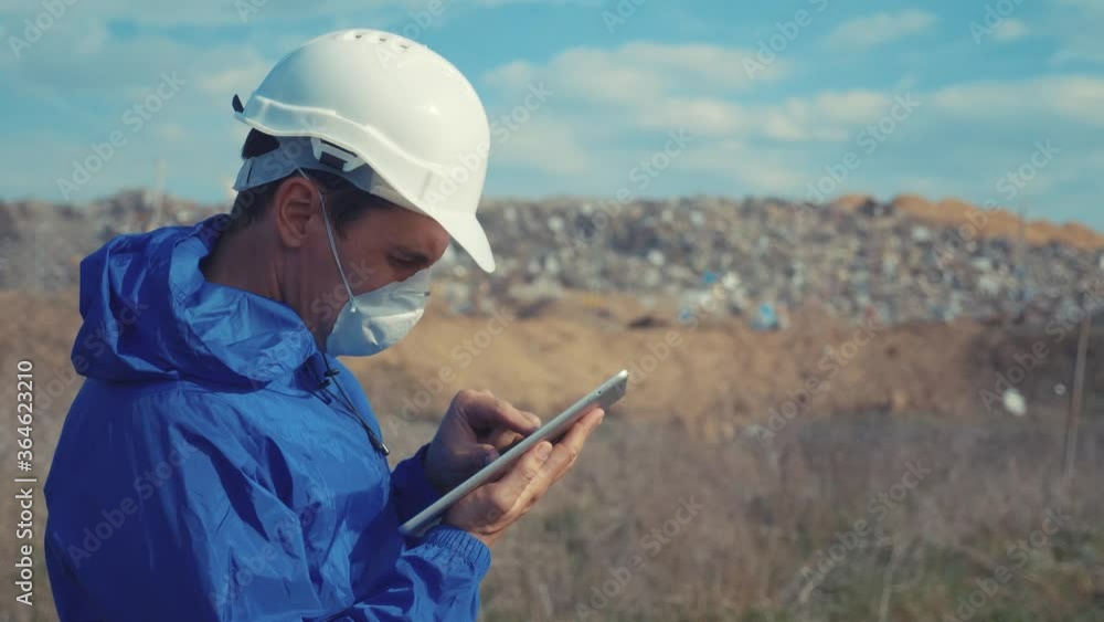 environmental pollution. man chemist scientist in a respirator mask ...