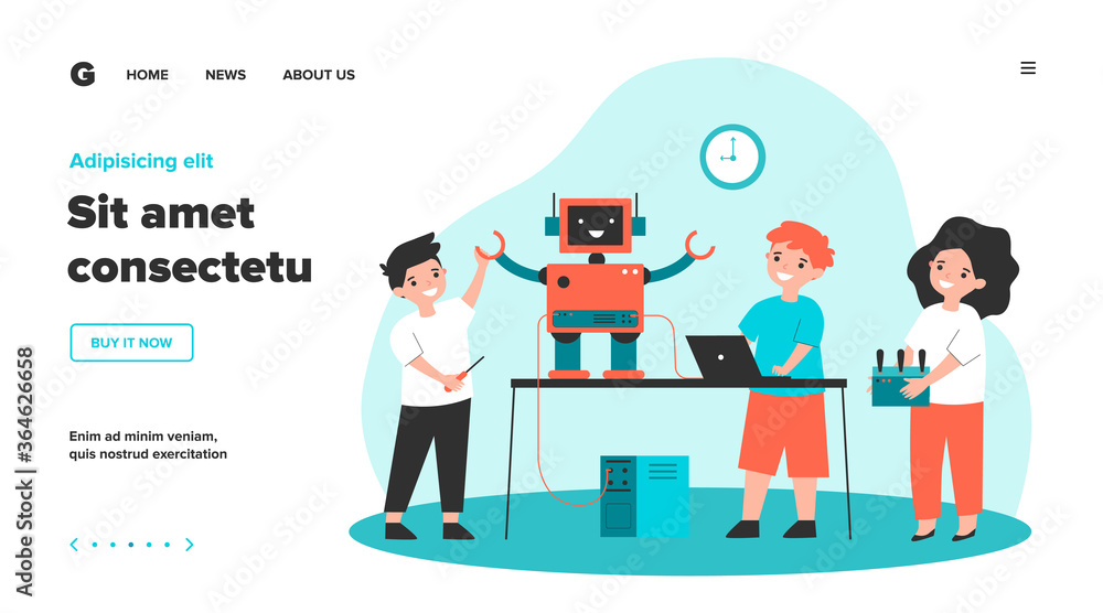 School robotics project. Group of children with laptop and remote ...