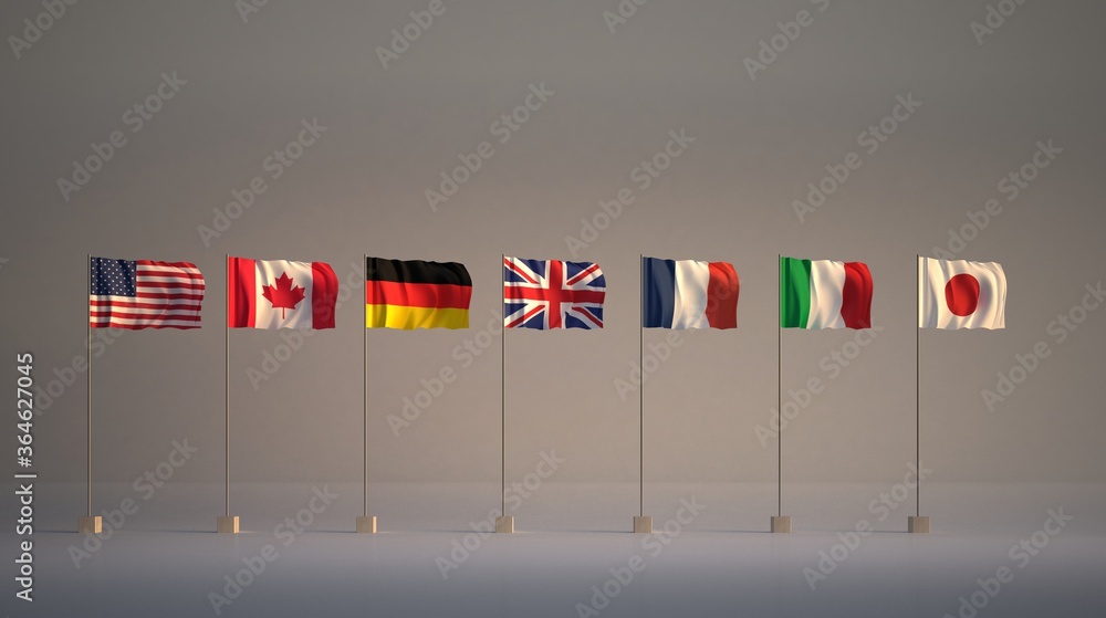 3d render of G7 countries flag. Group seven country table flags. Stock ...