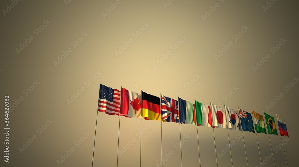 3d render of G12 countries flag. Group tweleve country table flags ...