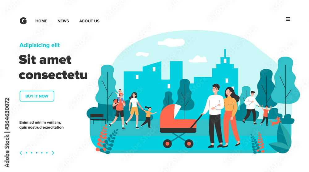 Happy family walking in park flat vector illustration. Cartoon young ...