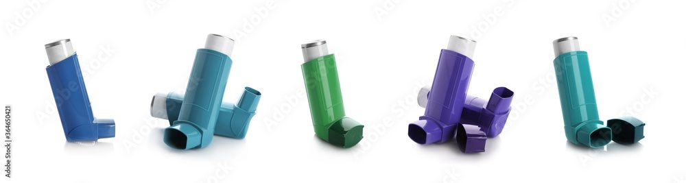 Set with portable asthma inhalers on white background. Banner design ...