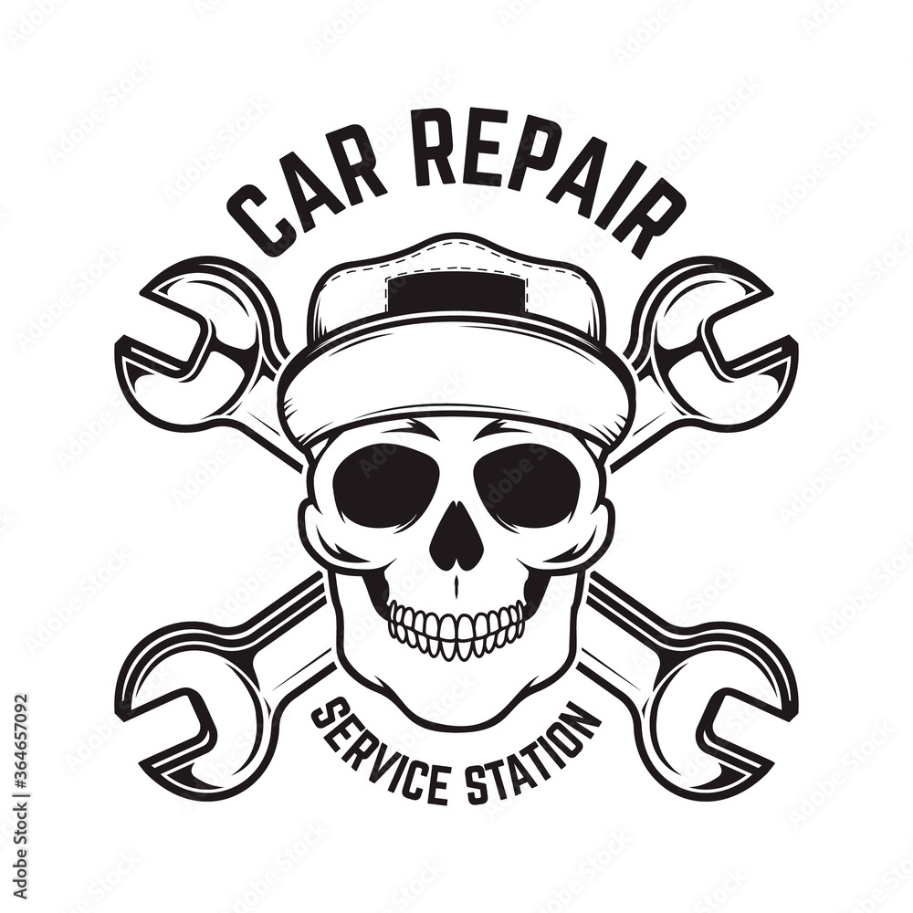 Car repair. Service station. Emblem template with skull and crossed ...
