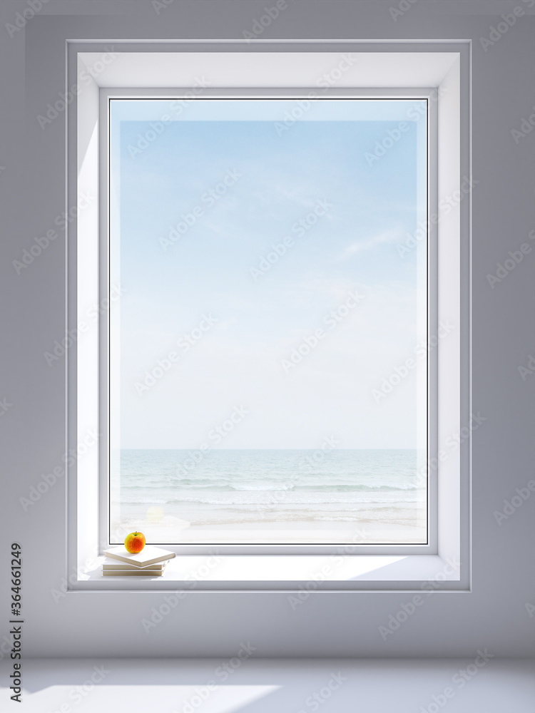 Large white window frame Looking out to see the sea view There is ...