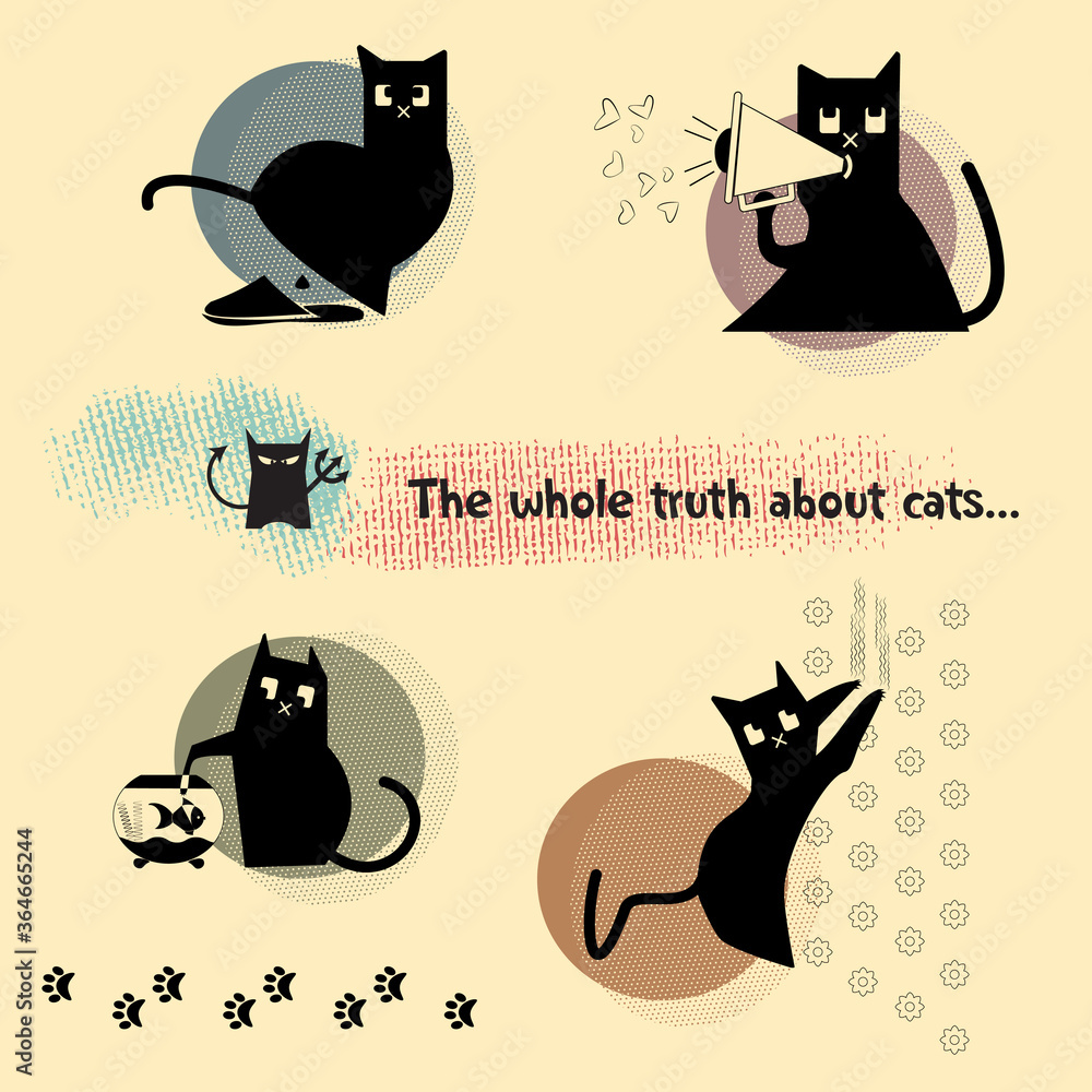 Funny bad cat behavior set. Poster in the style of an old comic book ...