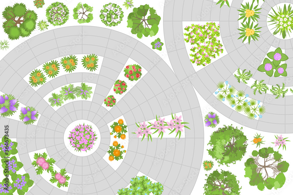 Landscape design. Top view. Path and flower beds. View from above ...