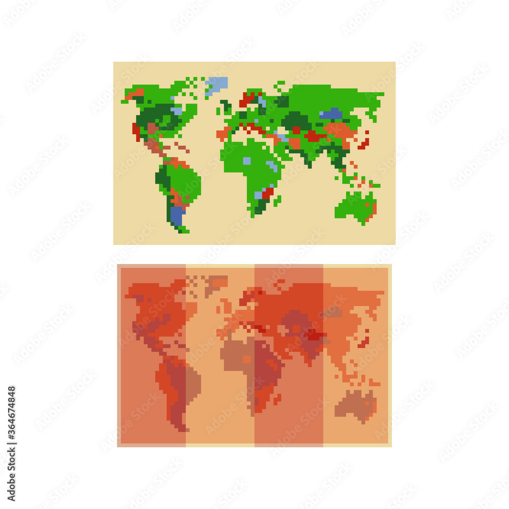 Paper world map. Pixel art style. 8-bit. Game assets. Isolated abstract ...