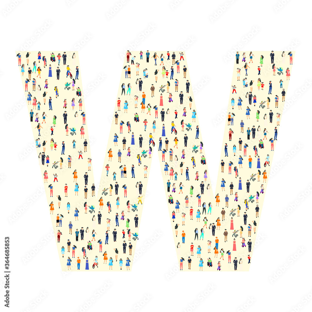 Large group of people in letter W form. People font. Clean vector font ...