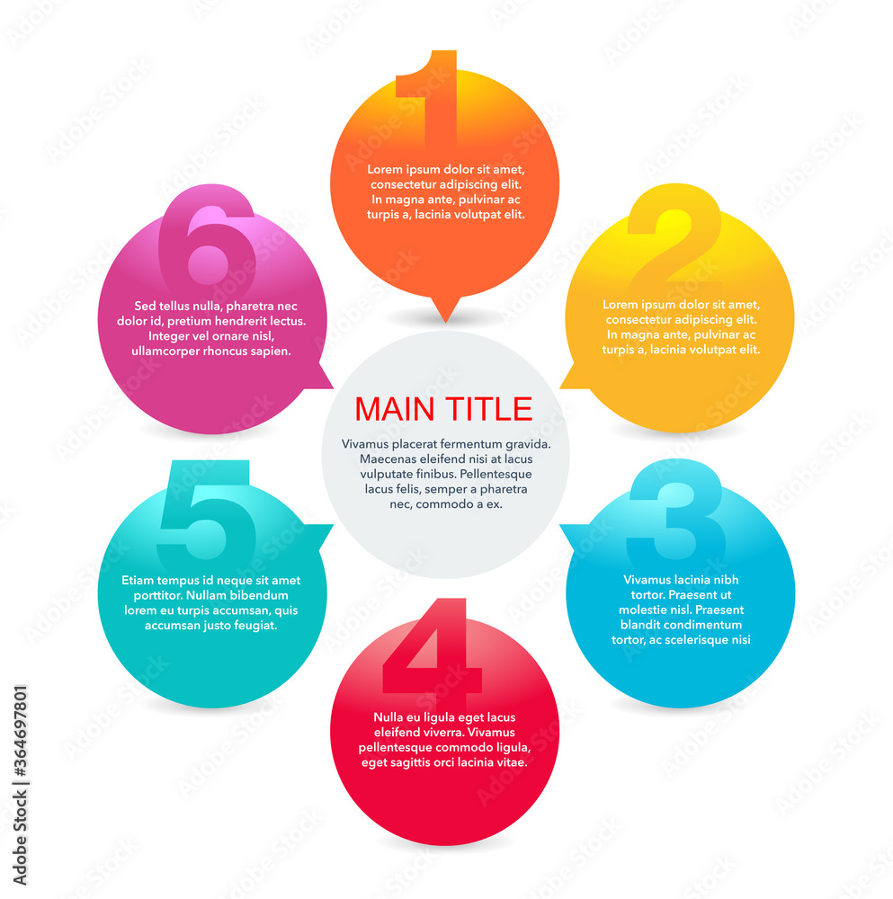 6 steps infographic template (6 points, five options) with colorful ...