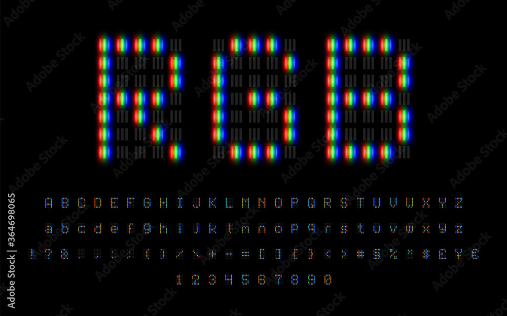 RGB pixel font set with numbers and glyphs, red-green-blue pixels ...