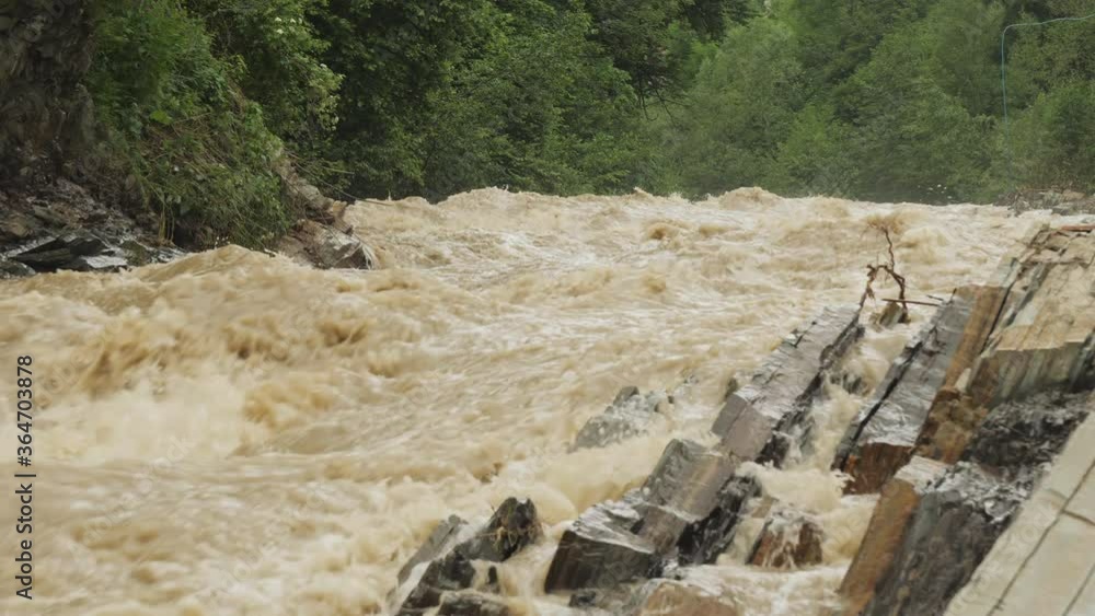 Raging river with dirty water. Weather cataclysm. Natural disasters ...