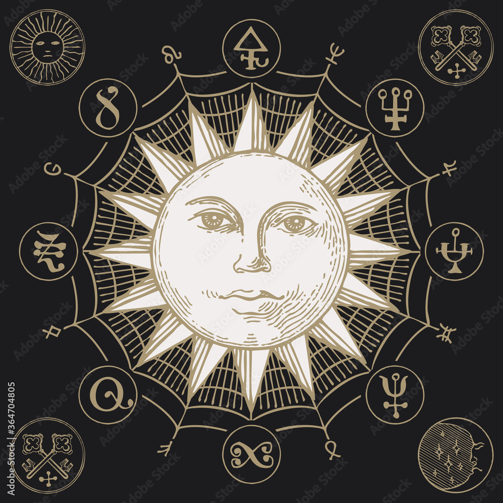 Hand-drawn Sun with magic symbols and anthropomorphic face in retro ...