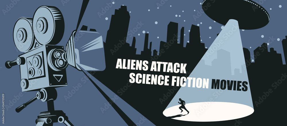 Cinema poster for science fiction movies with an old movie projector ...