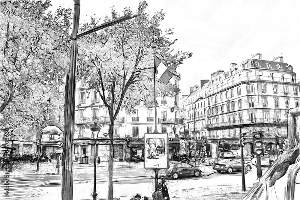 drawing style that represents a glimpse of a street in the center of ...