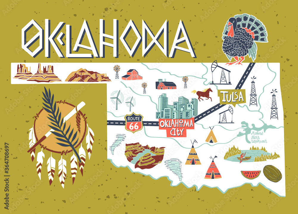 Illustrated map of Oklahoma state, USA. Travel and attractions ...