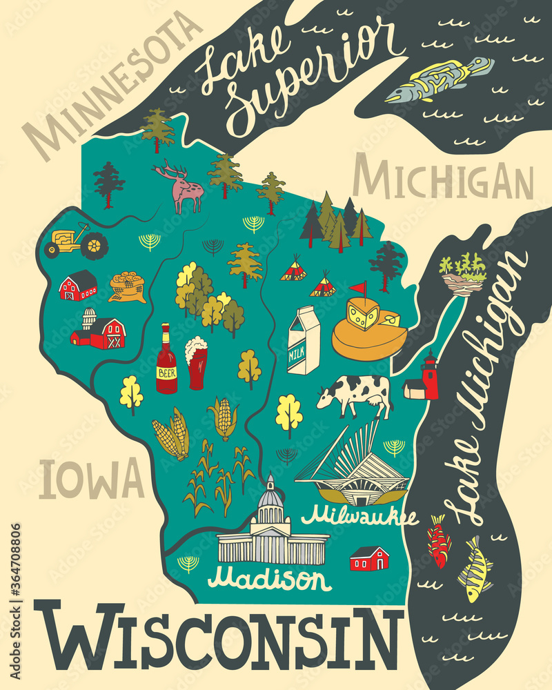 Illustrated map of Wisconsin, USA. Travel and attractions. Souvenir ...