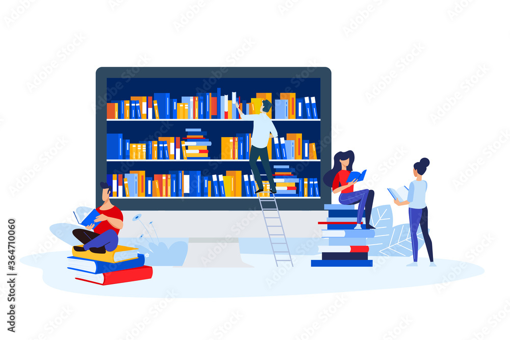 Library, book store and e-book. Vector illustrations of a man and a ...