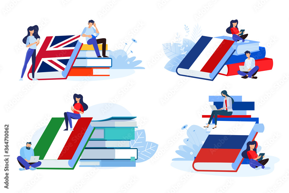 Online language school and courses. Vector illustrations of people in ...