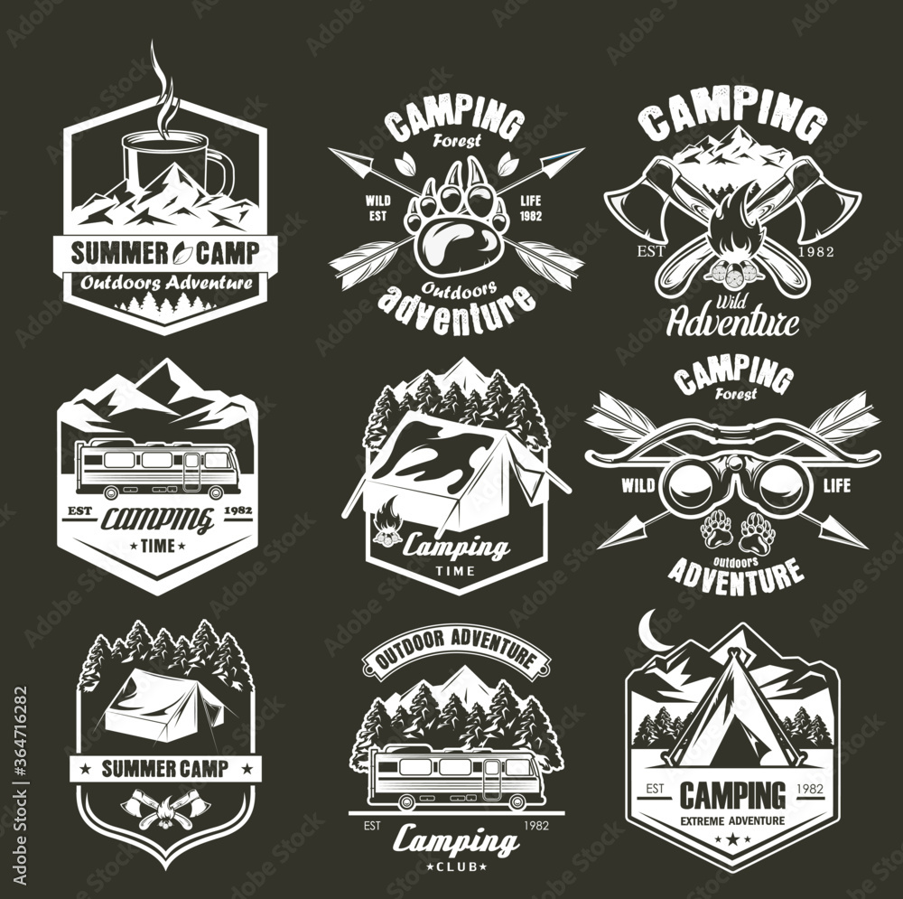 Summer camping label set, vector monochrome illustration. Vintage logos ...
