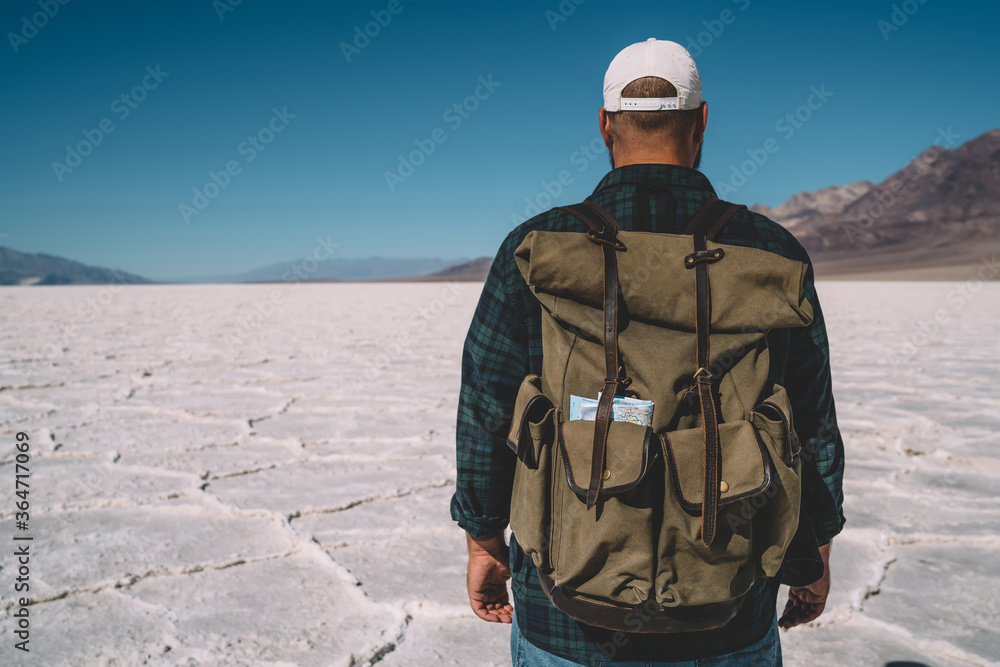 Back view of male traveler with rucksack having adventure in arid ...