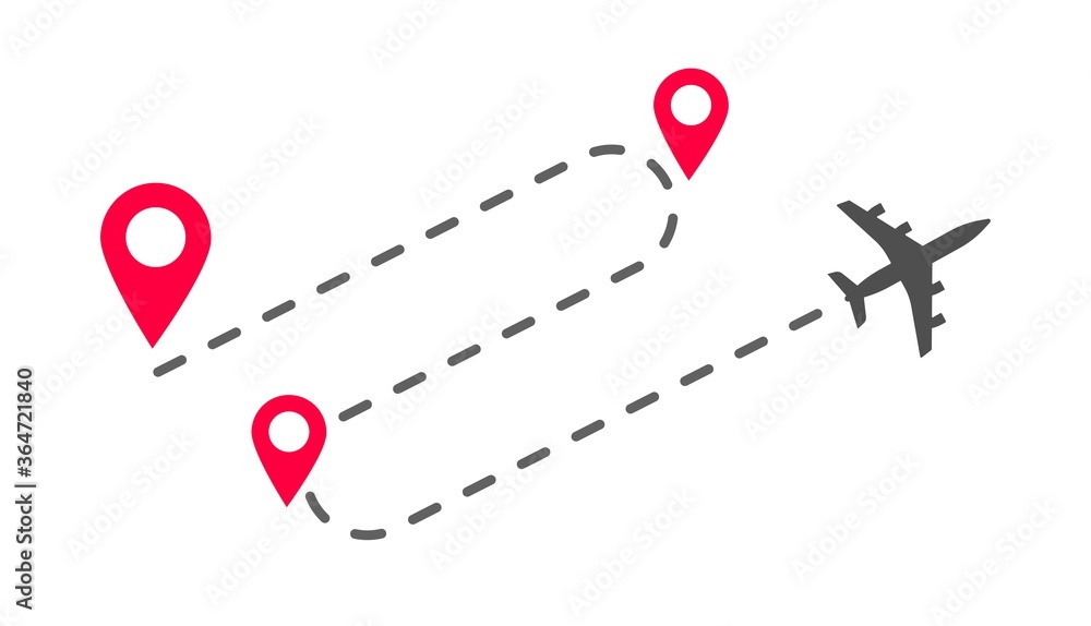 Plane flight way path trace with arrival pin pointer markers or track ...