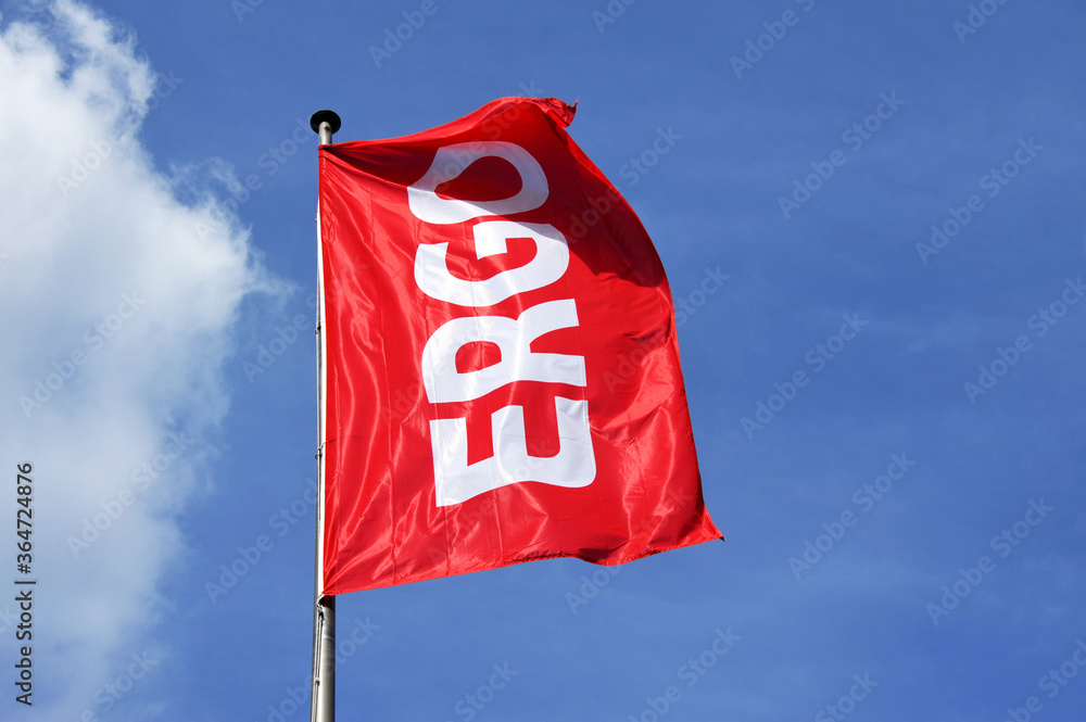 Hamburg / Germany - April 12, 2015: Flag with the logo of ERGO Group in ...