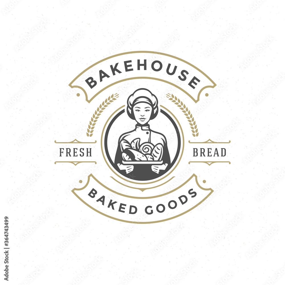 Bakery badge or label retro vector illustration baker woman holding ...