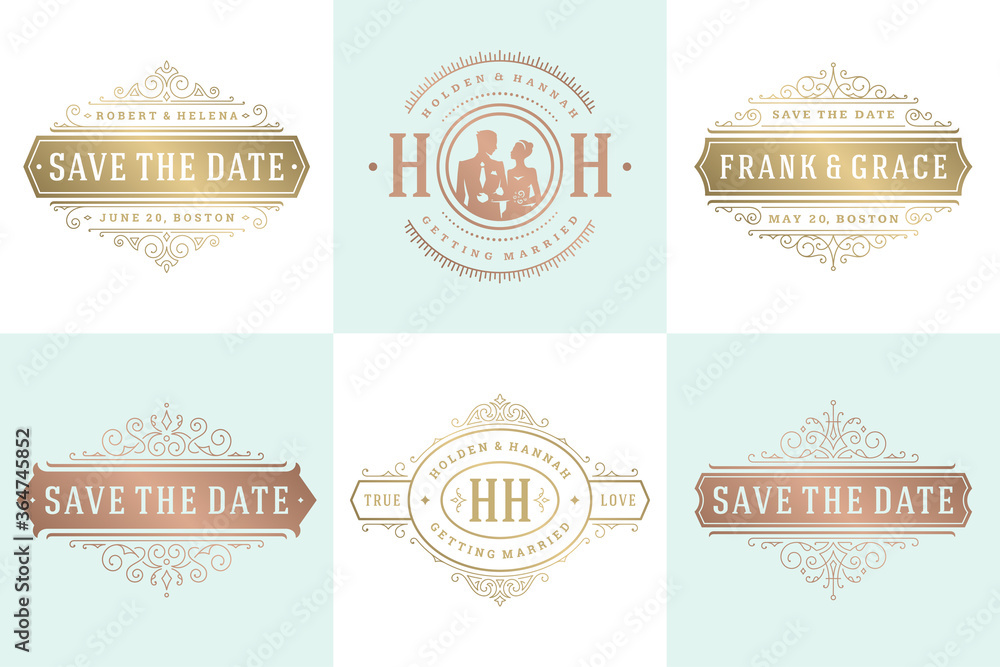 Wedding invitations save the date logos and badges vector elegant ...
