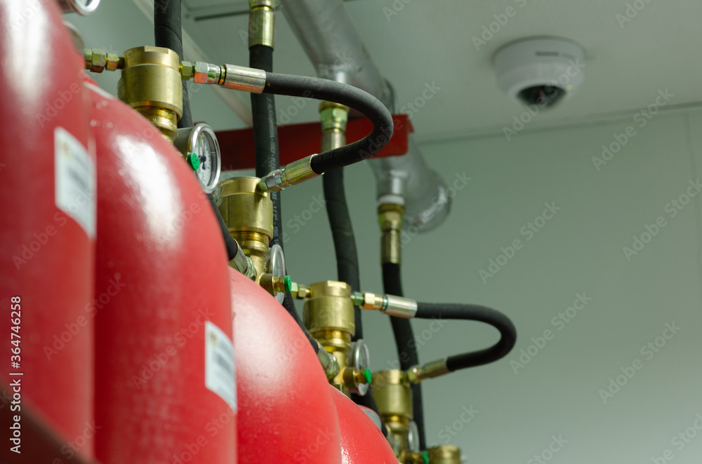 closeup image of the fire extinguishing system in data center building ...