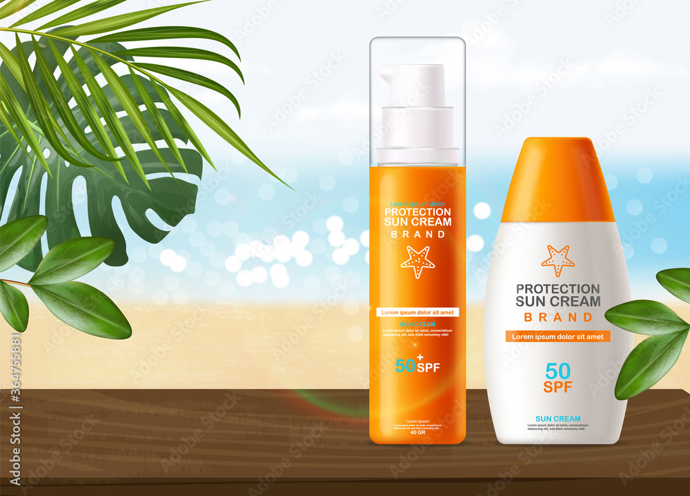 Sun cream bottle 3d realistic isolated, sea background, tropical banner ...