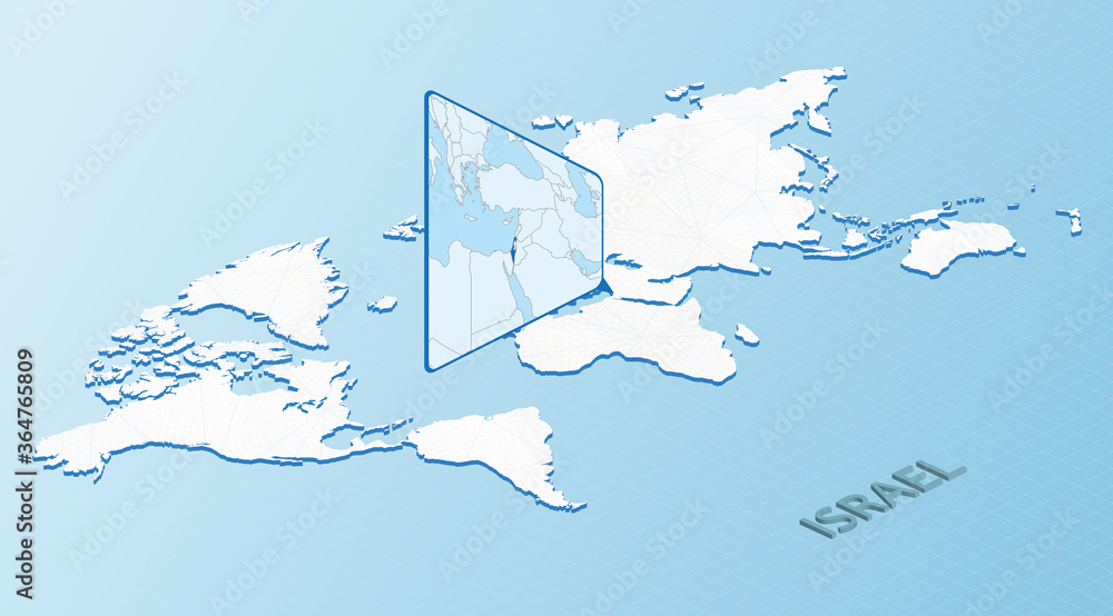 World Map in isometric style with detailed map of Israel. Light blue ...